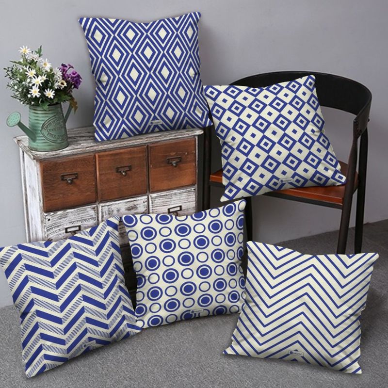 Buy Indigifts Navy Blue Abstract Print Cushion Covers (Set Of 5) Online