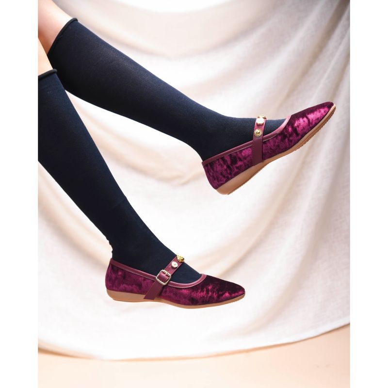 Buy SHUZ TOUCH Maroon Shuz Touch Cherry Embellished Velvet Mary Jane ...