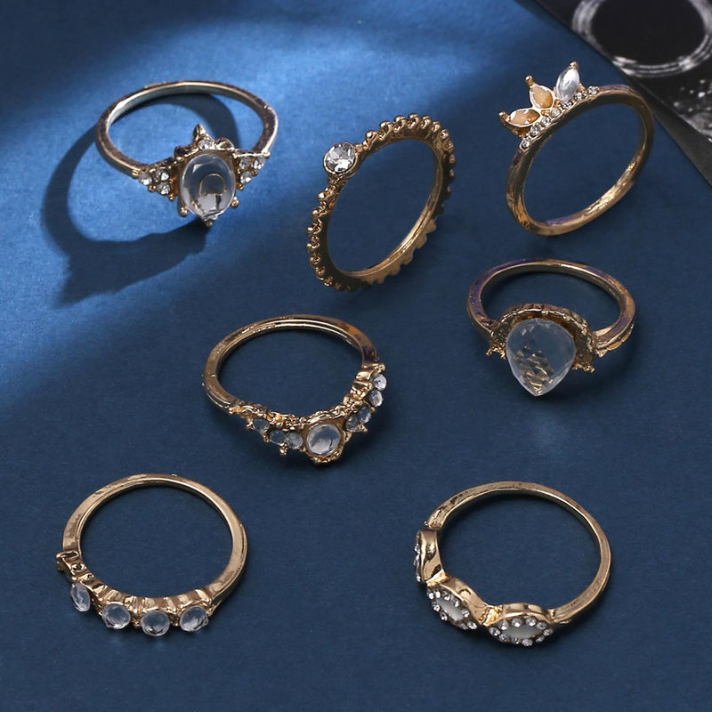 Buy VIRAASI Set of 7 Gold Trendy Stone Studded Ring Set For Women Online