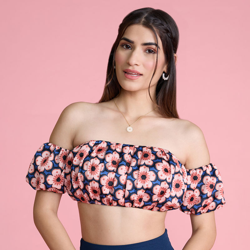 Buy Twenty Dresses by Nykaa Fashion Peach And Blue Floral Print Off Shoulder Crop Top Online