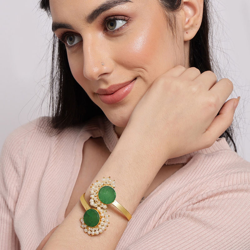Buy SOHI Gold Plated Green Brass Pearls Bangle Style Bracelet Online