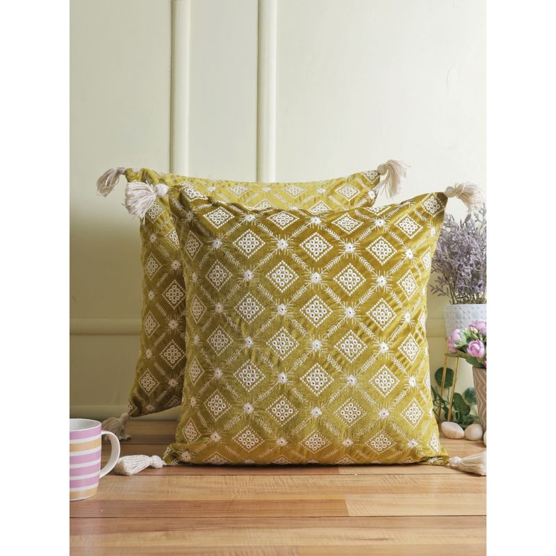 Buy eyda Super Soft Green Color Set Of 2 Embroidered Cushion Cover ...