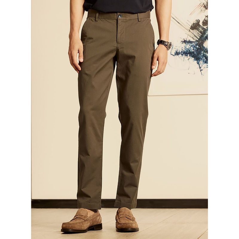 Buy Andamen Men Olive Solid Cotton Blend Regular Fit Chino Online