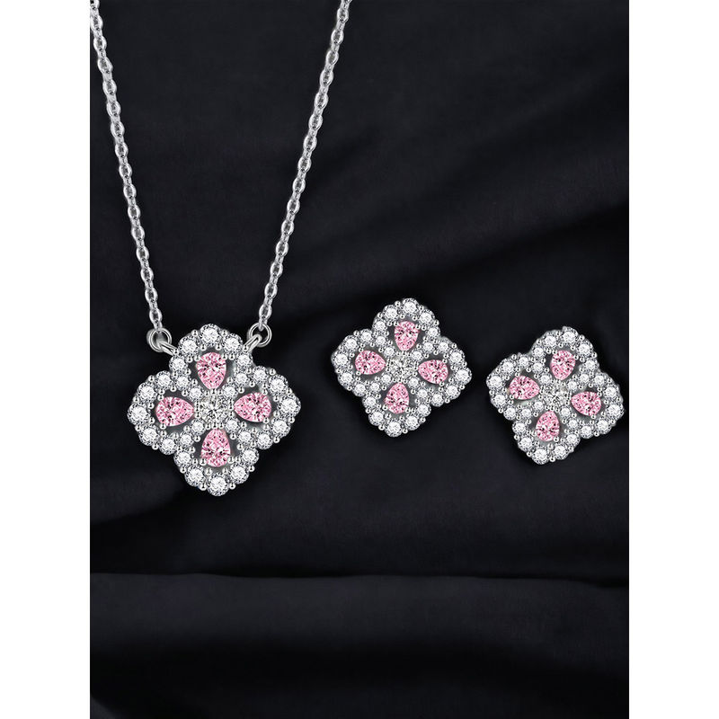 Buy Designs & You Silver Plated Cz Studded Anti Tarnish Pink Clover ...
