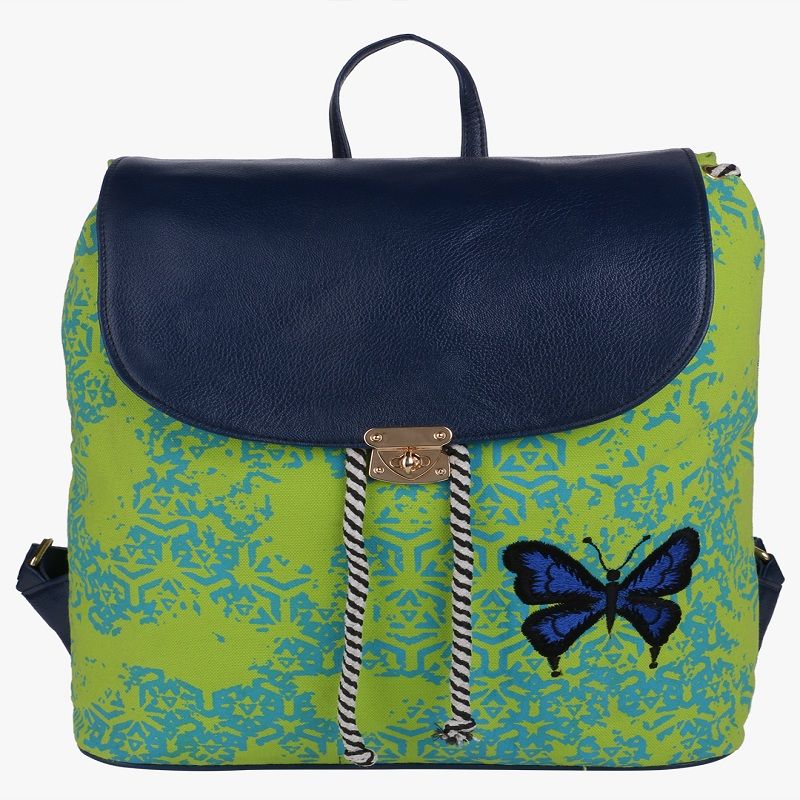 Pick Pocket Blue Butterfly Embroidred Green Printed Backpack With Pu ...
