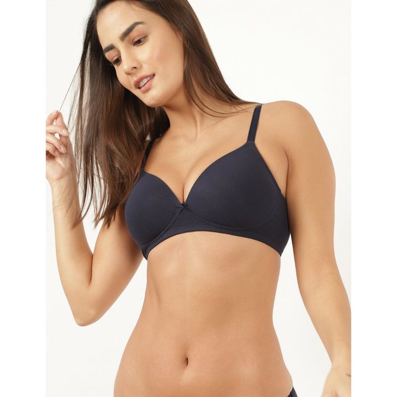 Marks And Spencer Cotton Mix Plain Plunge Neck T Shirt Bra Navy Blue