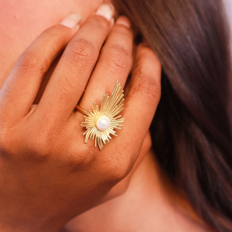 Buy Festive Spikey Flora Gold Ring with Pearl Online