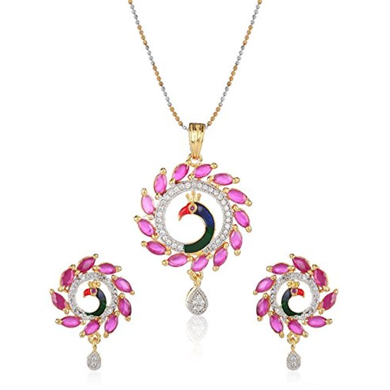 Youbella Gold Plated American Diamond Peacock Design Necklace Set With