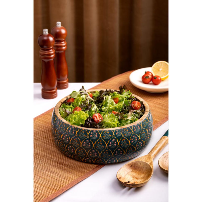 Buy The Pitara Project Server Set Wooden Iris Salad, Bowl, Spoon & Fork Green Online