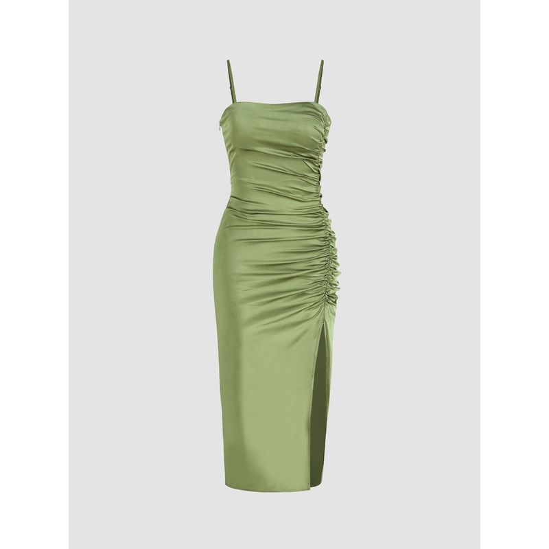 Buy Cider Solid Satin Ruched Split Midi Cami Dress Online