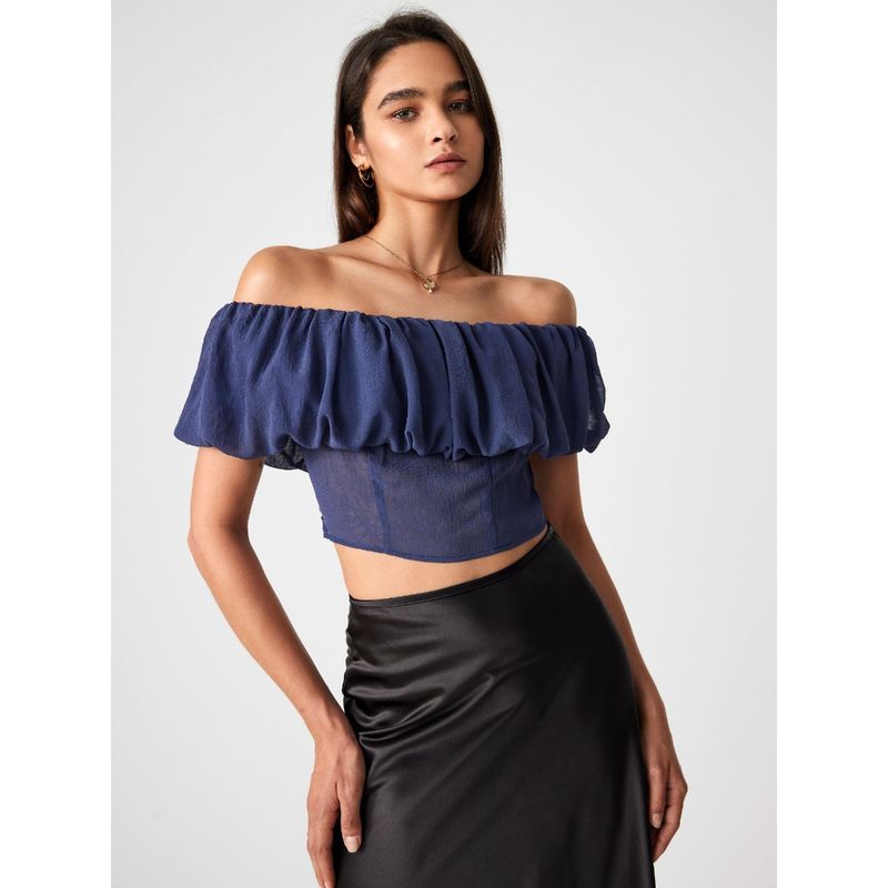 Buy Cider Solid Chiffon Off-Shoulder Ruched Short Sleeve Crop Top Online