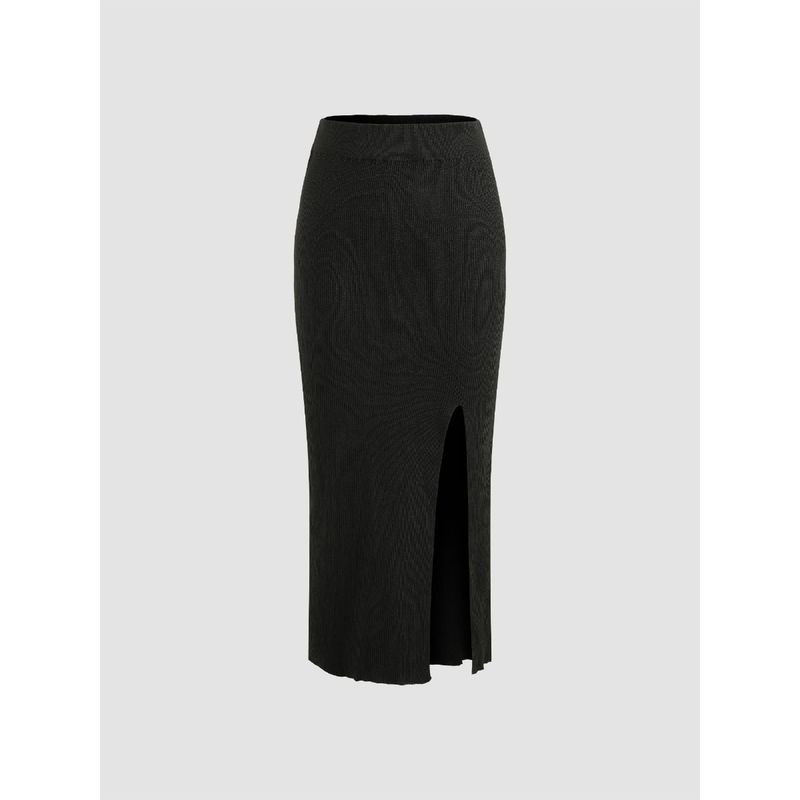 Buy Cider Solid Rib Knit Split Skirt Online