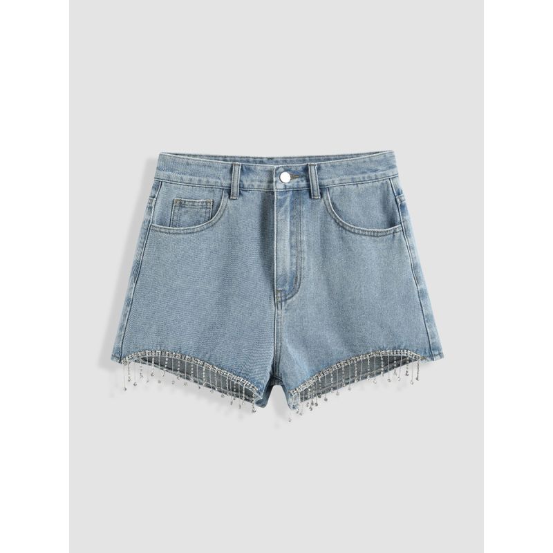 Buy Cider Denim Rhinestone Decor Tassel Shorts Online