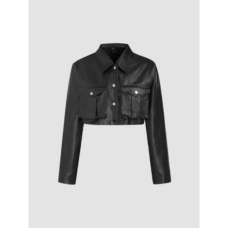 Buy Cider Faux Leather Collar Solid Pocket Crop Jacket Online