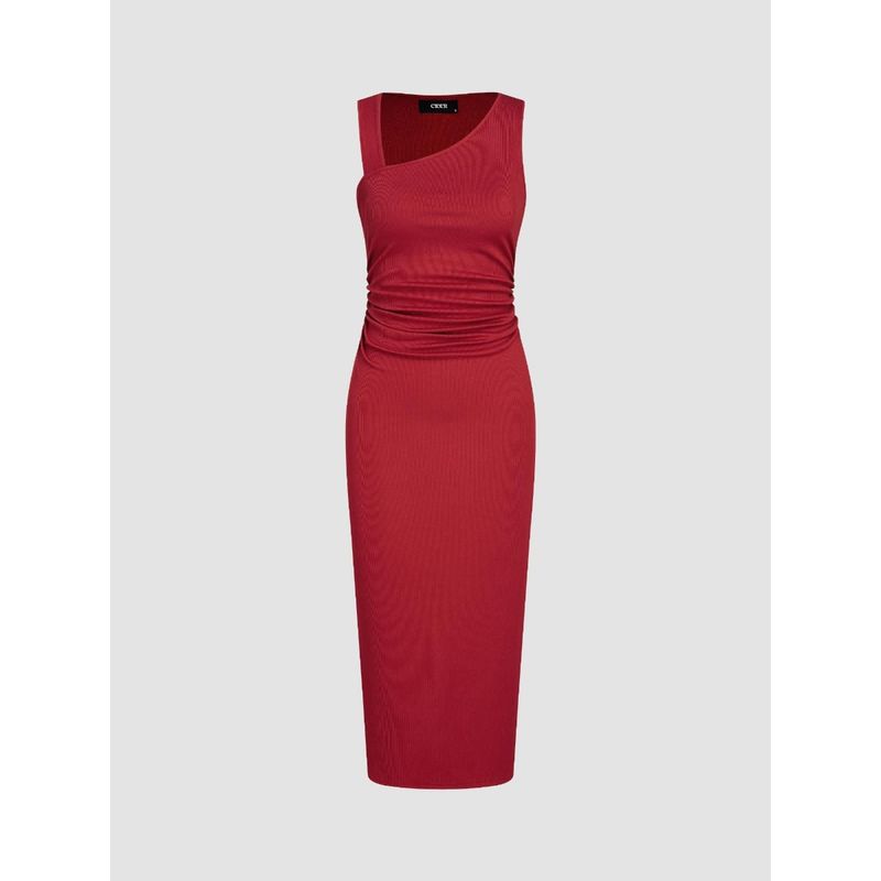 Buy Cider Asymmetrical Neck Solid Ruched Split Midi Dress Online