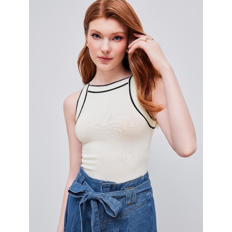 Buy Cider White Knit Boat Neck Solid Contrasting Binding Tank Top Online