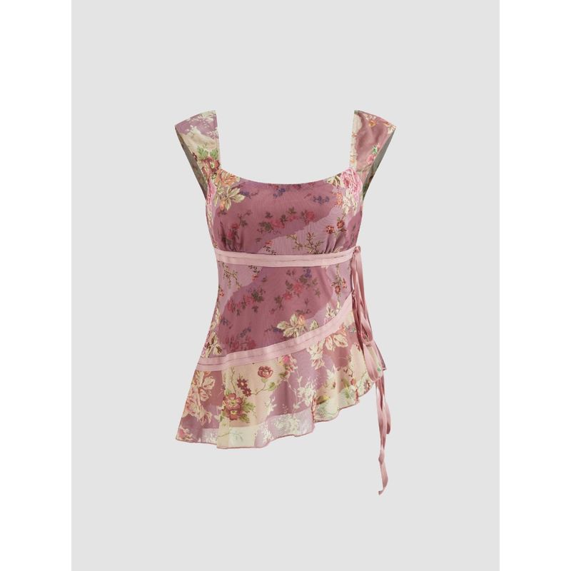 Buy Cider Pink Mesh Floral Asymmetrical Ruffle Trim Knotted Top Online