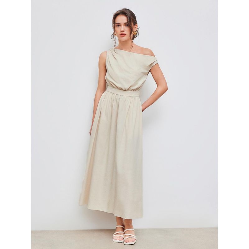 Buy Cider Beige Cotton Blend Asymmetrical Neck Solid Ruffle Midi Dress Online