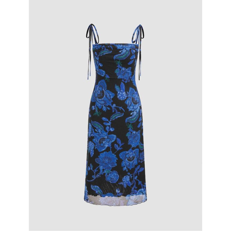 Buy Cider Blue Floral Knotted Midi Dress Online