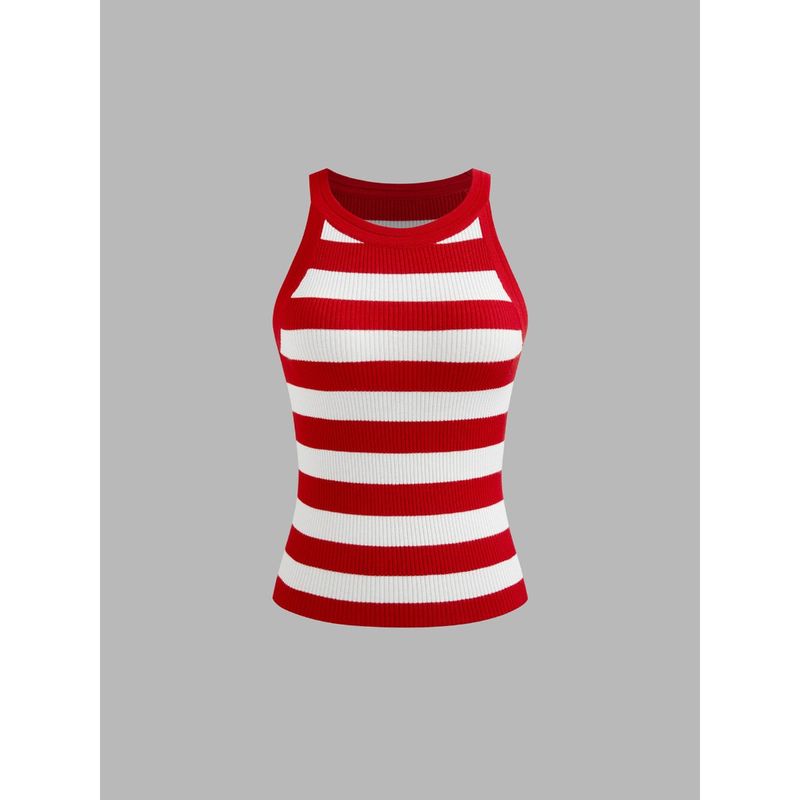 Buy Cider Knitted Round Neckline Striped Tank Top Online