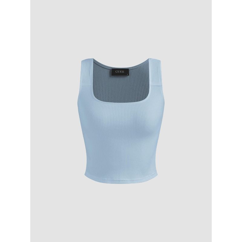 Buy Cider Baby Blue Cotton Blend Rib Square Neck Solid Tank Crop Top Online