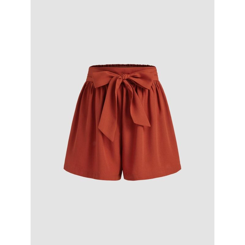 Buy Cider Woven Mid Rise Elastic Waist Knotted Solid Shorts Online