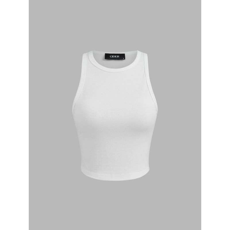 Buy Cider White Cotton Blend Round Neckline Solid Crop Tank Top Online