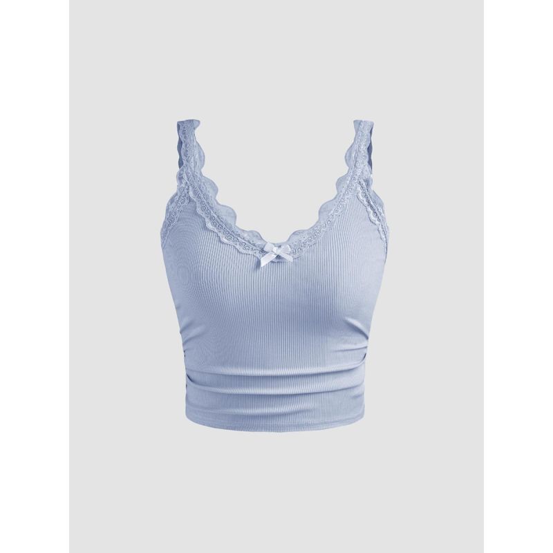 Buy Cider Blue V Neck Bowknot Lace Cami Crop Top Online