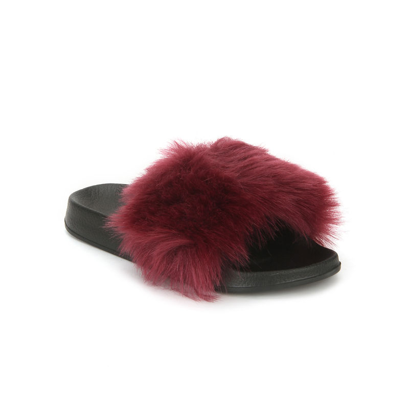 Buy Truffle Collection Plum Black Fur Sliders Online