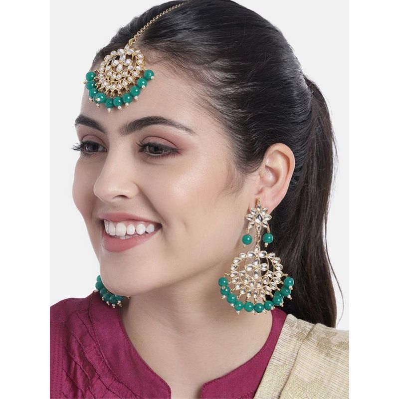Buy I Jewels Green Gold Plated Pearl And Kundan Traditional Maang Tikka ...