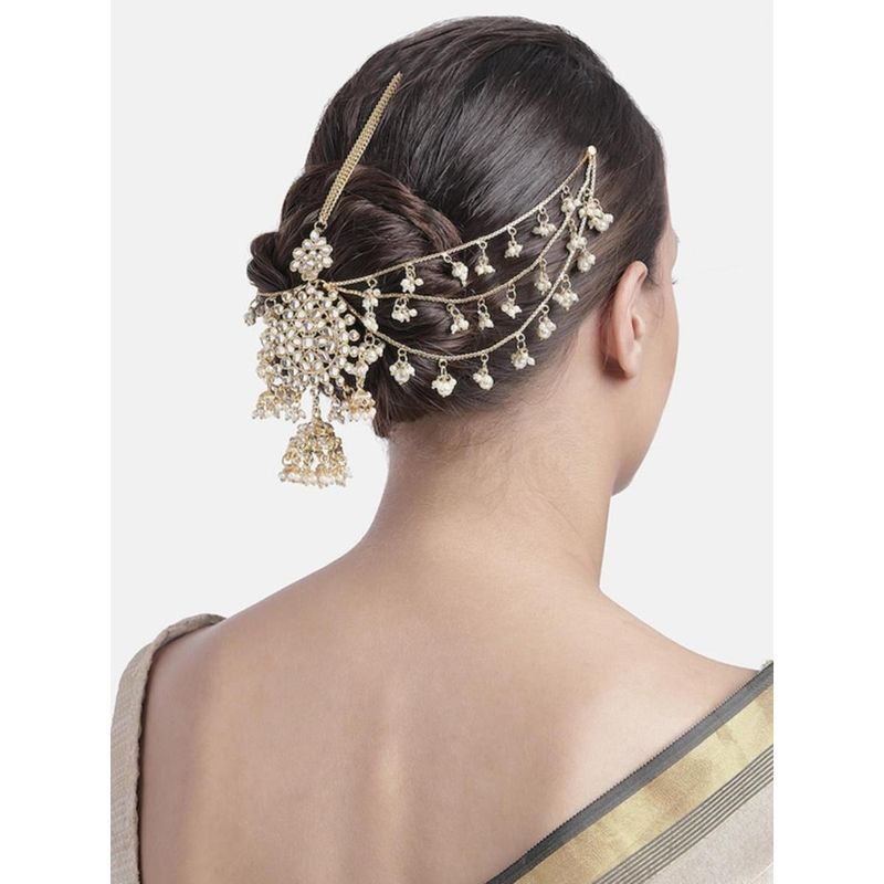 Buy I Jewels Gold Plated Traditional White Kundan Pearl Paranda Hair ...