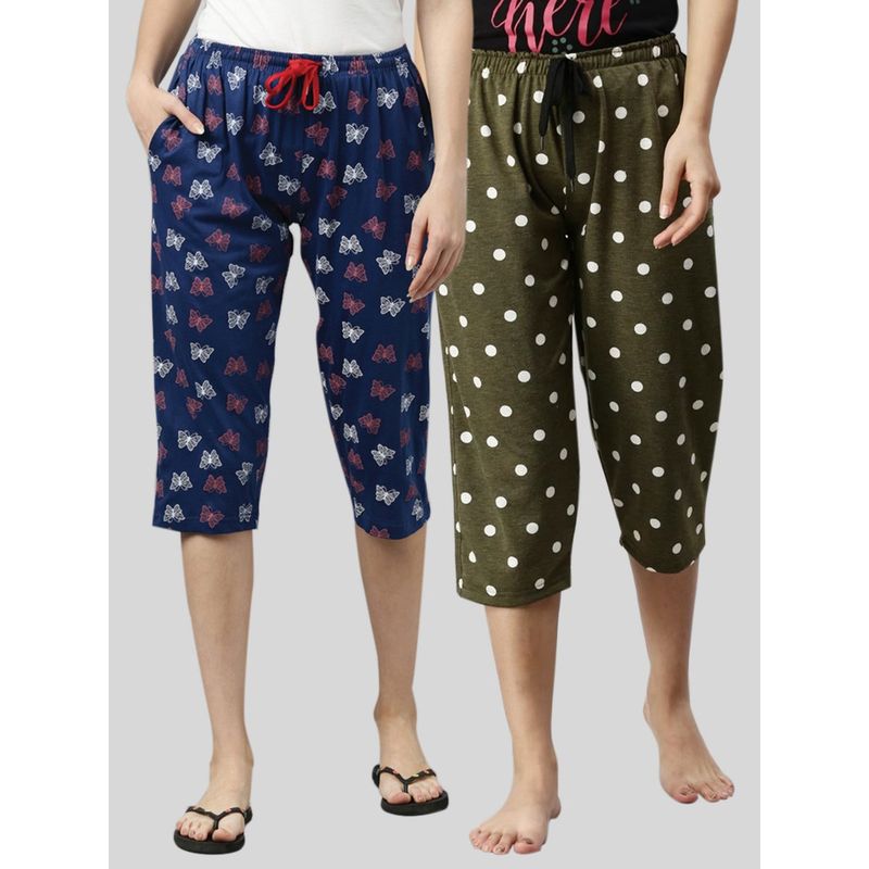 Buy Kryptic Women Navy Blue & Green Printed Regular Fit Cotton Capris ...