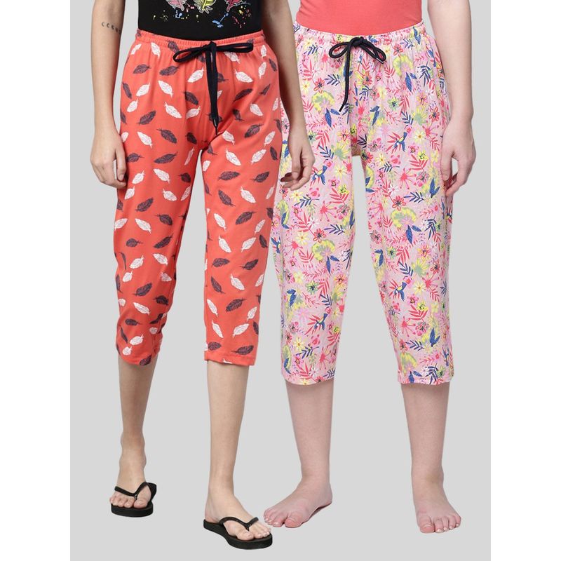 Buy Kryptic Women Coral & Pink Printed Regular Fit Cotton Capris (Pack ...