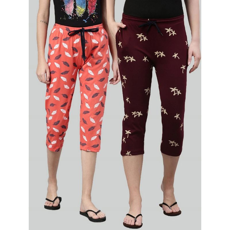 Buy Kryptic Women Maroon & Coral Printed Regular Fit Cotton Capris ...