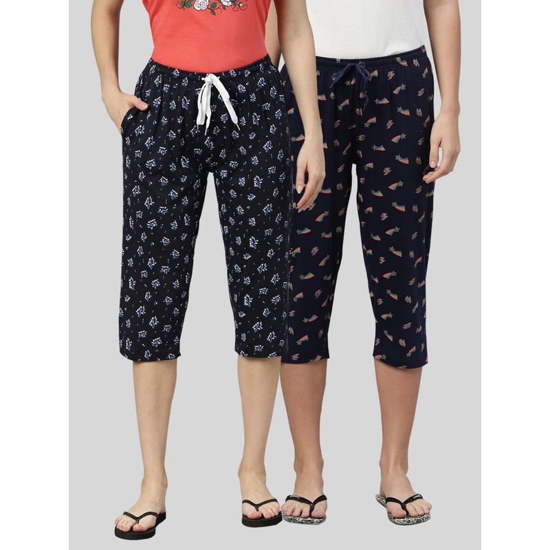Buy Kryptic Women Navy Printed Regular Fit Cotton Capris (Pack of 2) Online