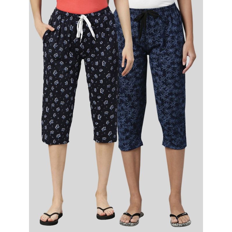 Buy Kryptic Women Blue Printed Regular Fit Cotton Capris (Pack of 2) Online