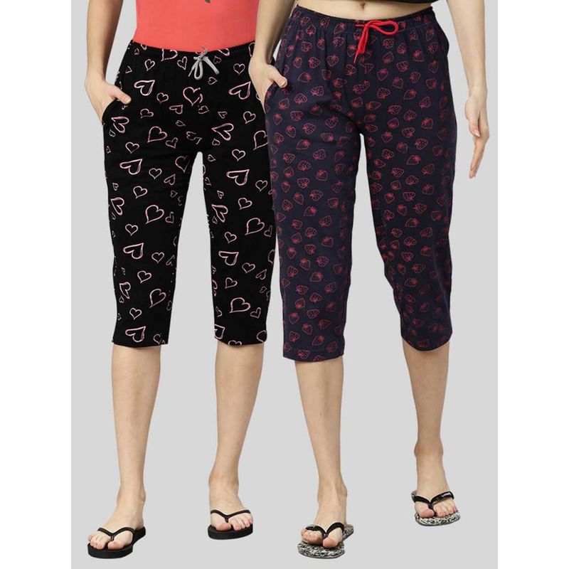 Buy Kryptic Women Navy Blue & Black Printed Regular Fit Cotton Capris ...