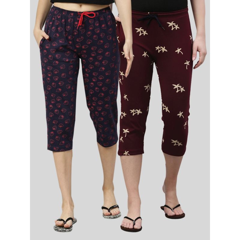 Buy Kryptic Women Maroon & Navy Printed Regular Fit Cotton Capris (Pack ...