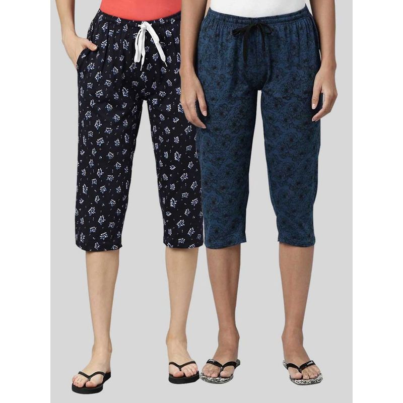 Buy Kryptic Women Blue Printed Regular Fit Cotton Capris (Pack of 2) Online