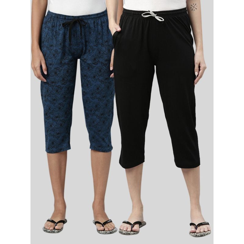 Buy Kryptic Women Black & Teal Blue Printed Regular Fit Cotton Capris ...