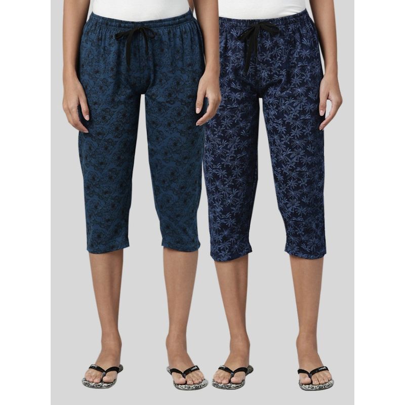 Buy Kryptic Women Blue Printed Regular Fit Cotton Capris (Pack of 2) Online