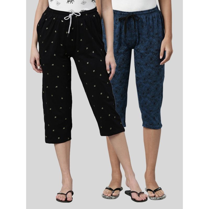 Buy Kryptic Women Teal Blue & Black Printed Regular Fit Cotton Capris ...