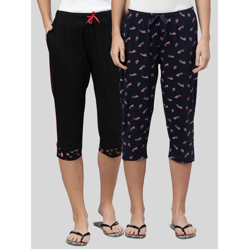Buy Kryptic Women Black & Navy Printed Regular Fit Cotton Capris (Pack ...