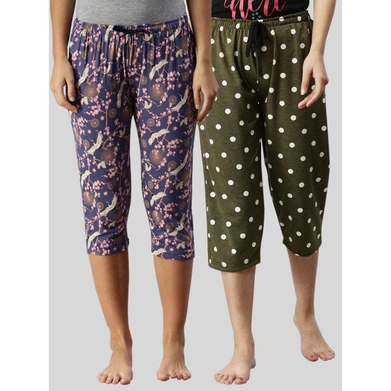 Kryptic Women Navy Blue & Green Printed Regular Fit Cotton Capris (Pack ...
