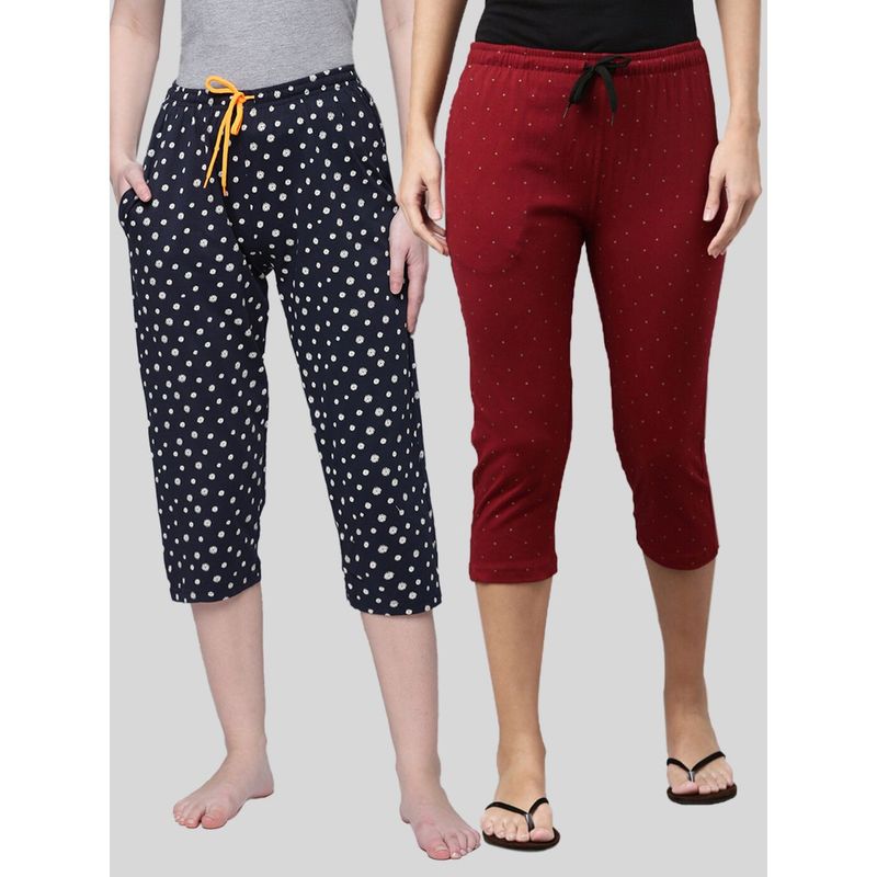 Buy Kryptic Women Maroon & Navy Printed Regular Fit Cotton Capris (Pack ...