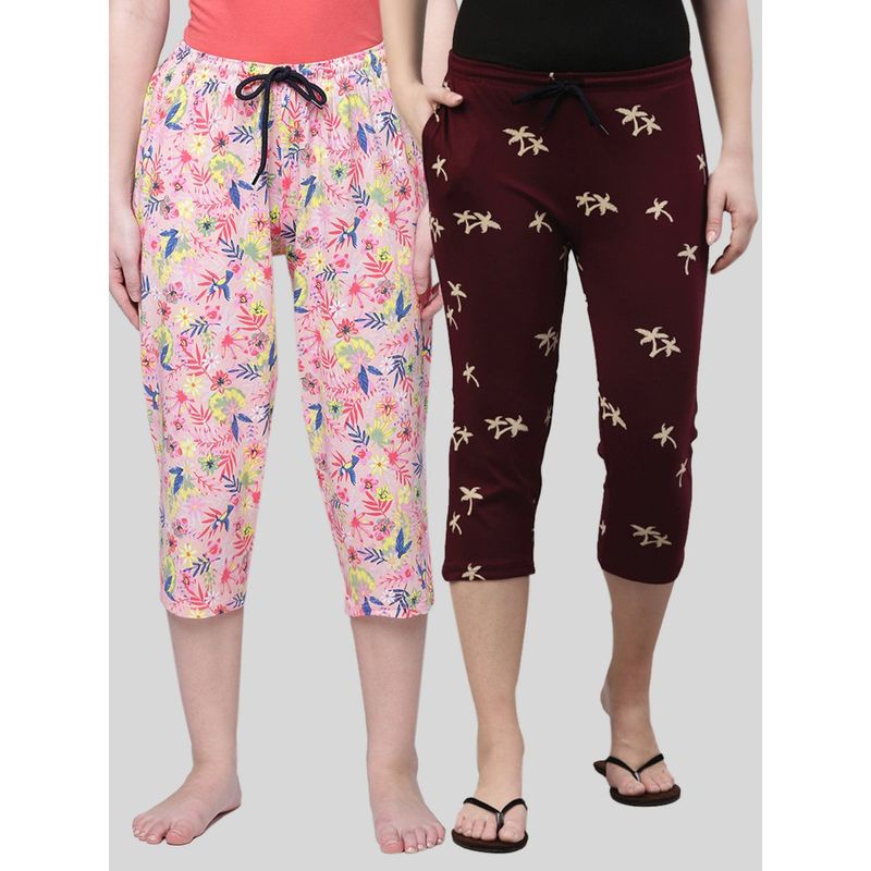 Buy Kryptic Women Maroon & Pink Printed Regular Fit Cotton Capris (Pack ...