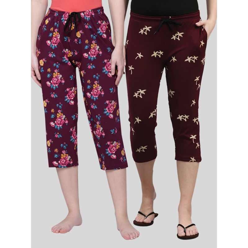 Kryptic Women Maroon Printed Regular Fit Cotton Capris (Pack of 2): Buy ...