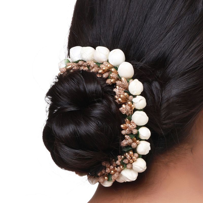 Buy VIRAASI Golden and White Embellished Floral Veni Hair Bun Accessory ...