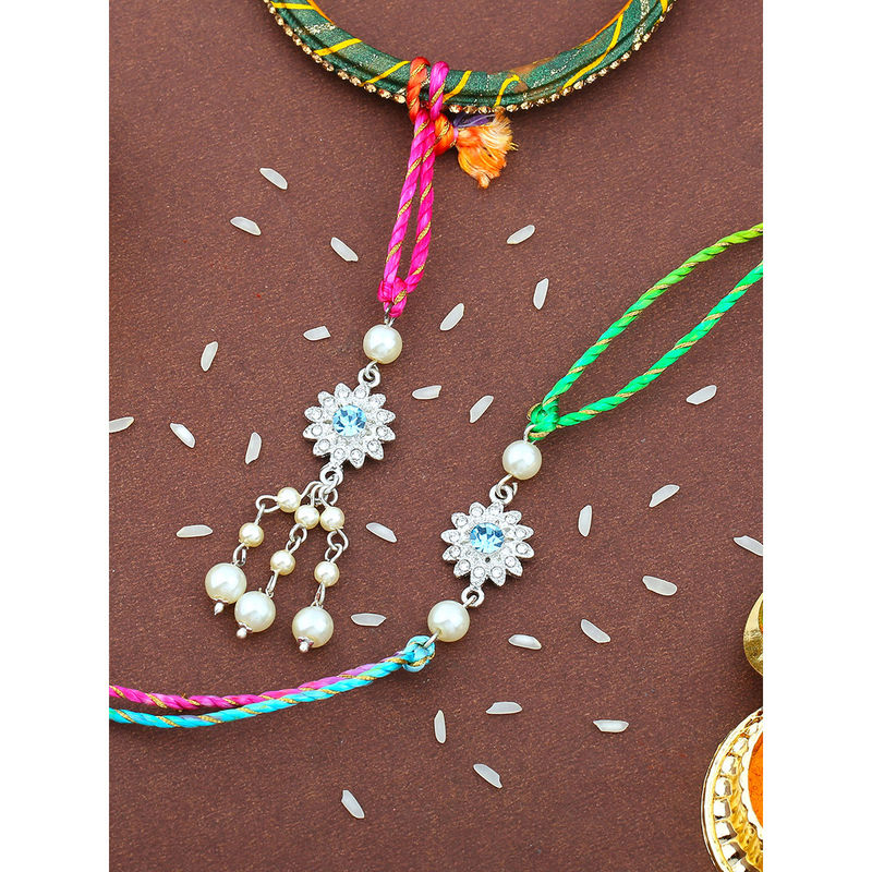 Buy Estele Rhodium Plated Floral Rakhi for Bhaiya Bhabhi with Multi Color Silk Thread Online