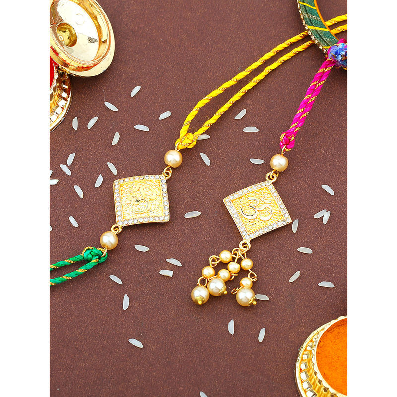Buy Estele Gold Plated Om Rakhi for Bhaiya Bhabhi with Crystals, Pearls & Silk Thread Online